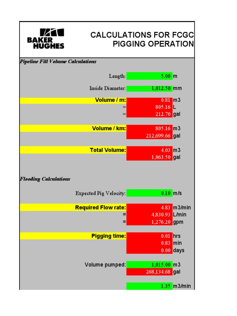 Calculations For FCGC Pigging Operation: Pipeline Fill Volume ...