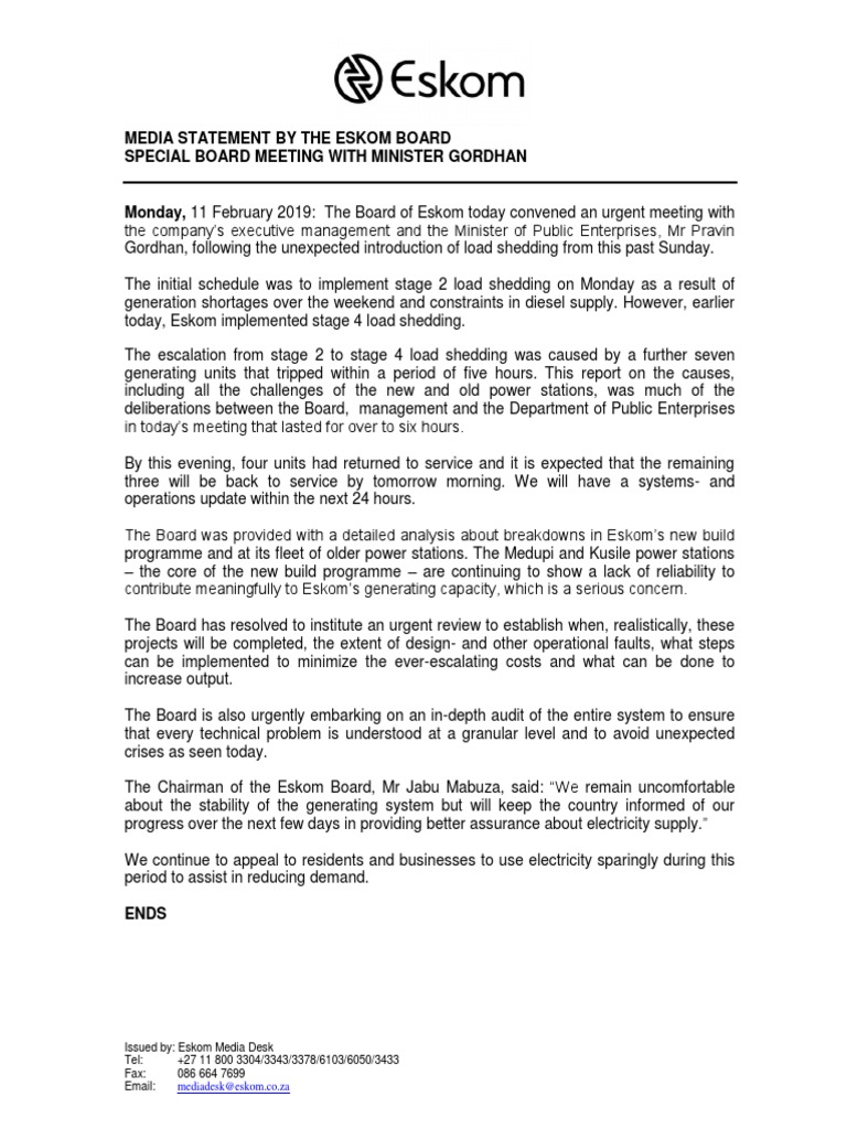 Statement by The Eskom Board, February 11 2019 | PDF | Business
