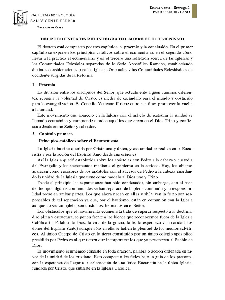 Resumen Unitatis - Edintegratio | PDF | Iglesia Católica | Ecumenismo