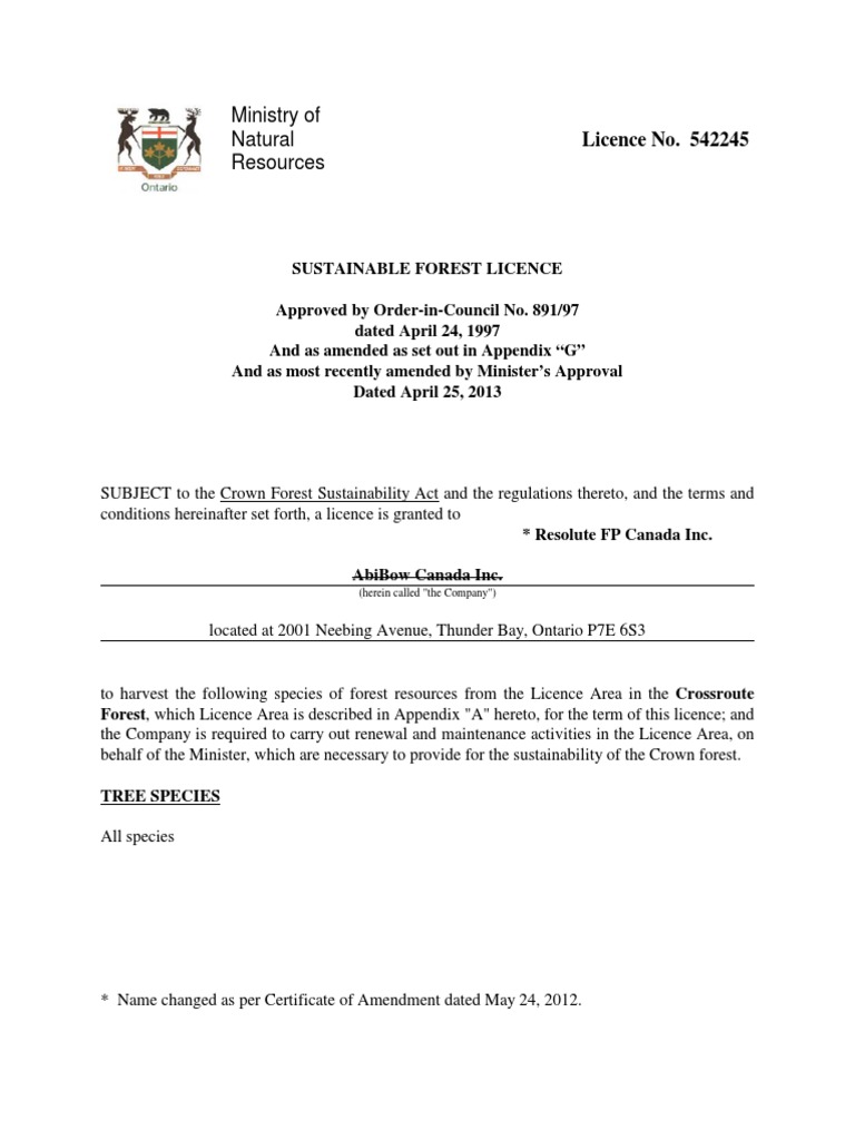 Ministry of Natural Licence No. 542245 Resources | License | Forestry