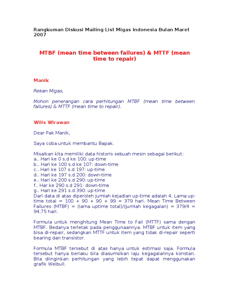 Rumus MTBF dan MTTR dalam Pemeliharaan | PDF | Komputer