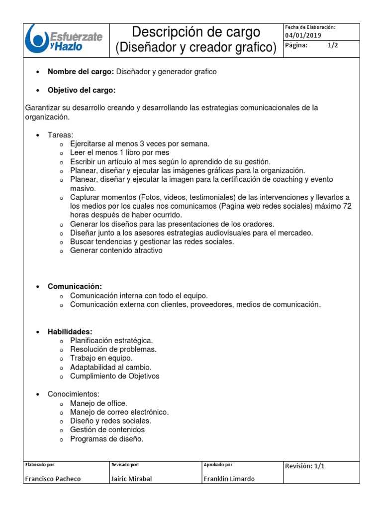 Descripción de Cargo Diseñador | PDF | Planificación estratégica | Diseño