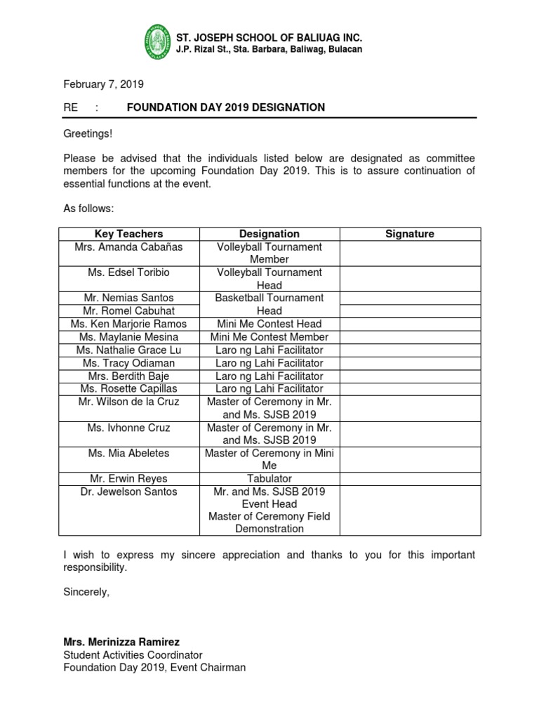 Designation of Committee Members for Foundation Day 2019 at St. Joseph ...