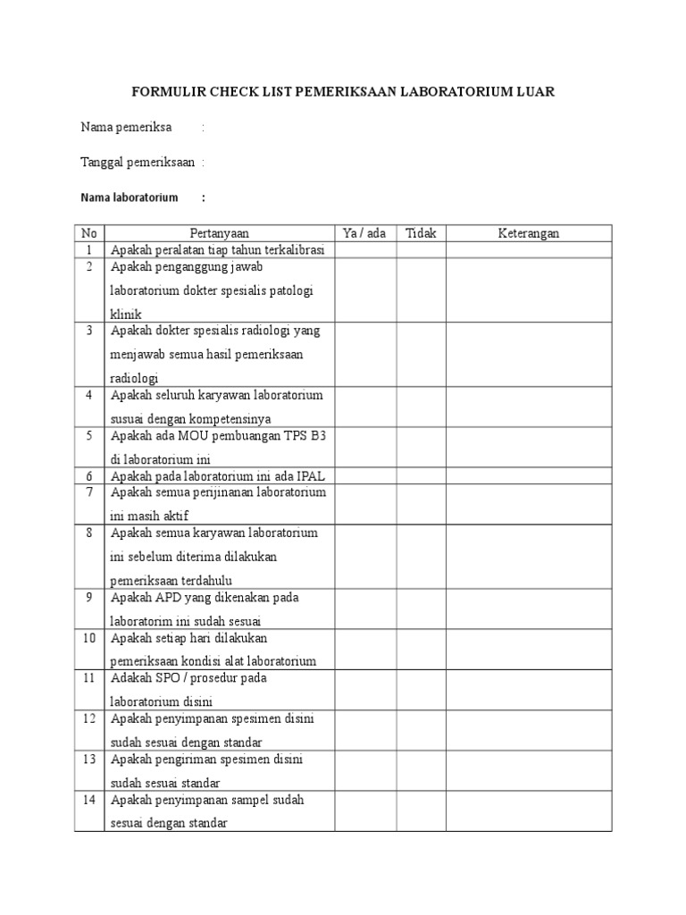 Formulir Check List Pemeriksaan Laboratorium Luar | PDF