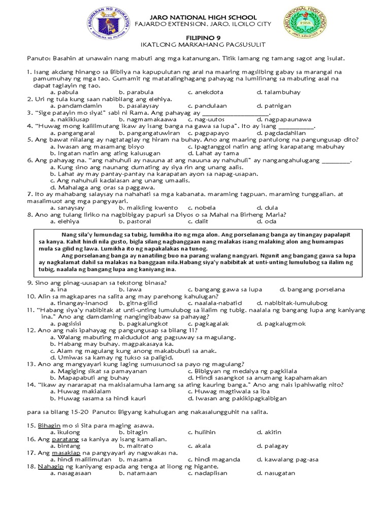 Grade 9 Answer Sheet 3rd 18-19 | PDF