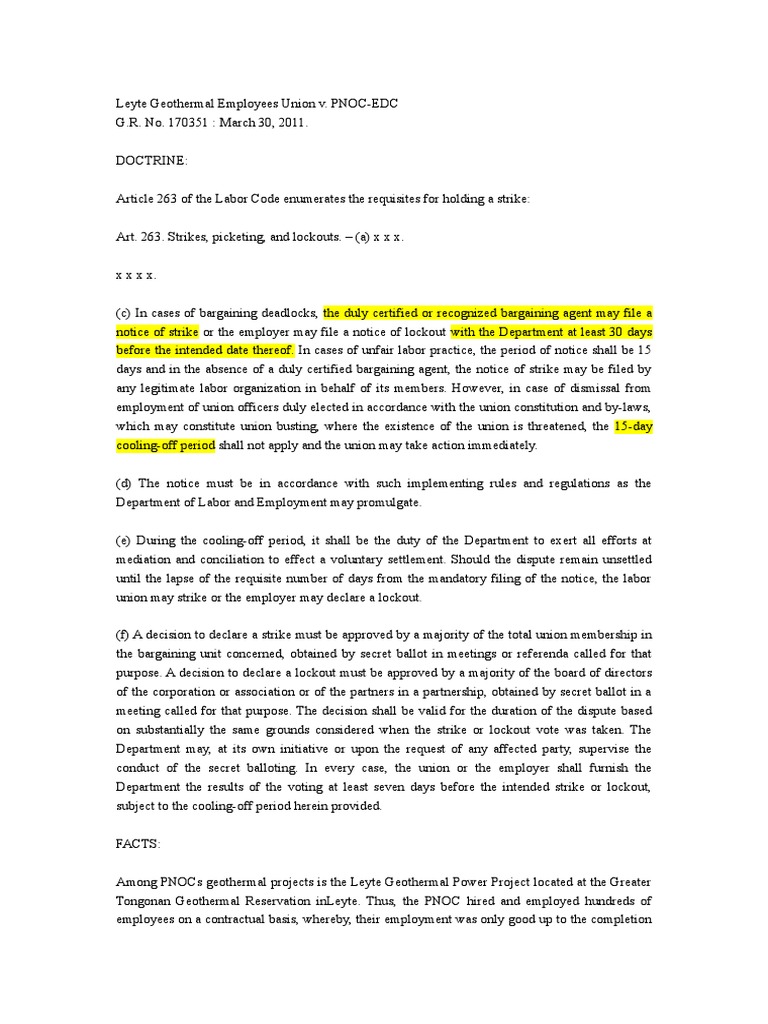 LEYTE GEOTHERMAL EMPLOYEES UNION vs. PNOC-EDC | PDF | Strike Action ...