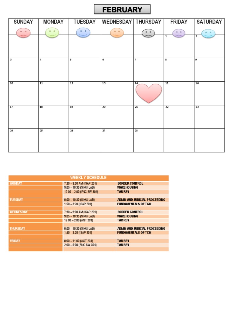 February: Sunday Monday Tuesday Wednesday Thursday Friday Saturday | PDF