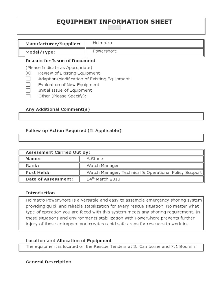 Equipment Information Sheet: Manufacturer/Supplier: Model/Type ...
