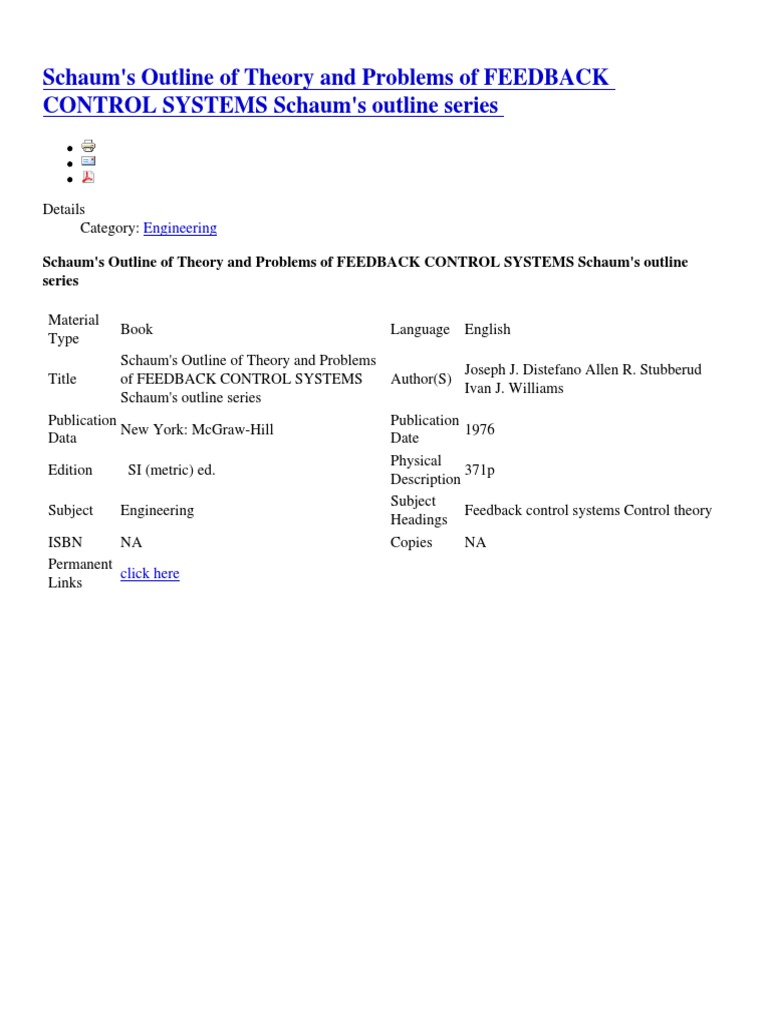 Schaum's Outline of Theory and Problems of FEEDBACK CONTROL SYSTEMS Schaum's Outline Series ...