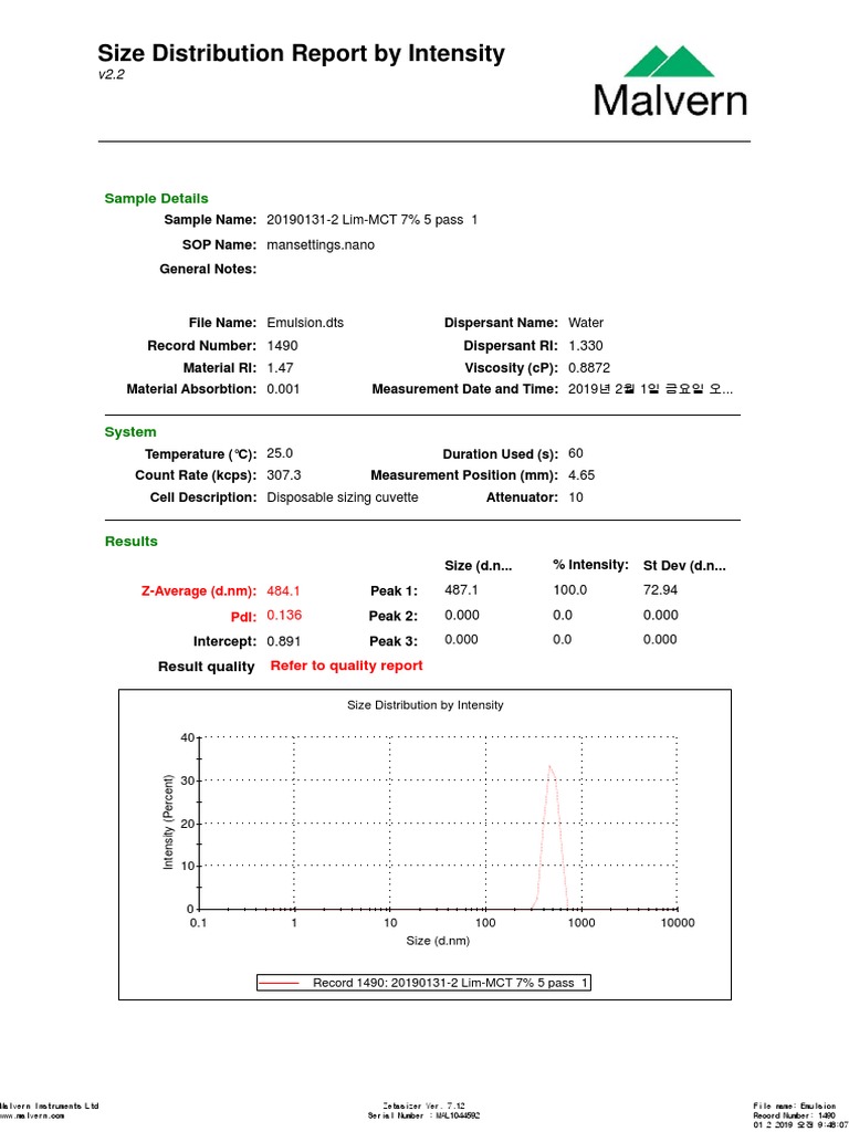 Size Distribution Report by Intensity: Sample Details | PDF | Chemistry ...