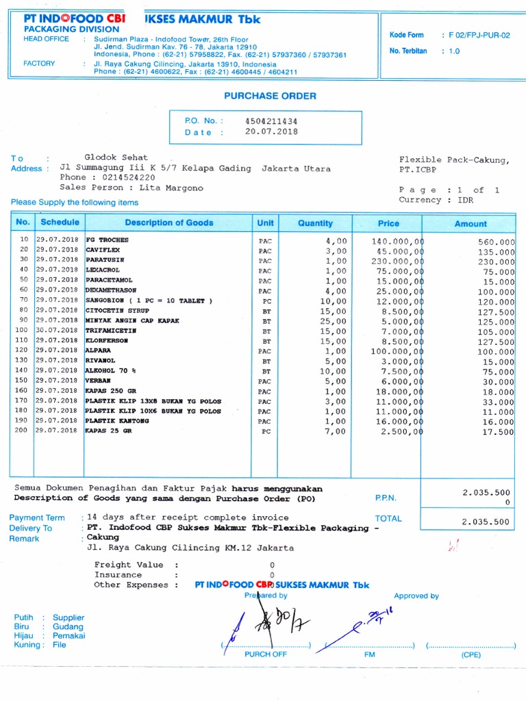 Po Indofood Cakung Jul18 PDF | PDF