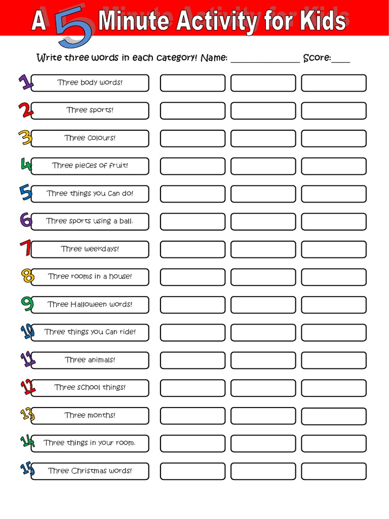 Write Three Words in Each Category! Name: - Score | PDF