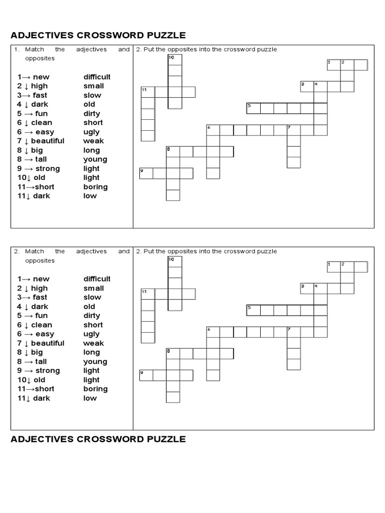Adjectives Crossword Puzzle: 1. Match The Adjectives and Opposites 2 ...
