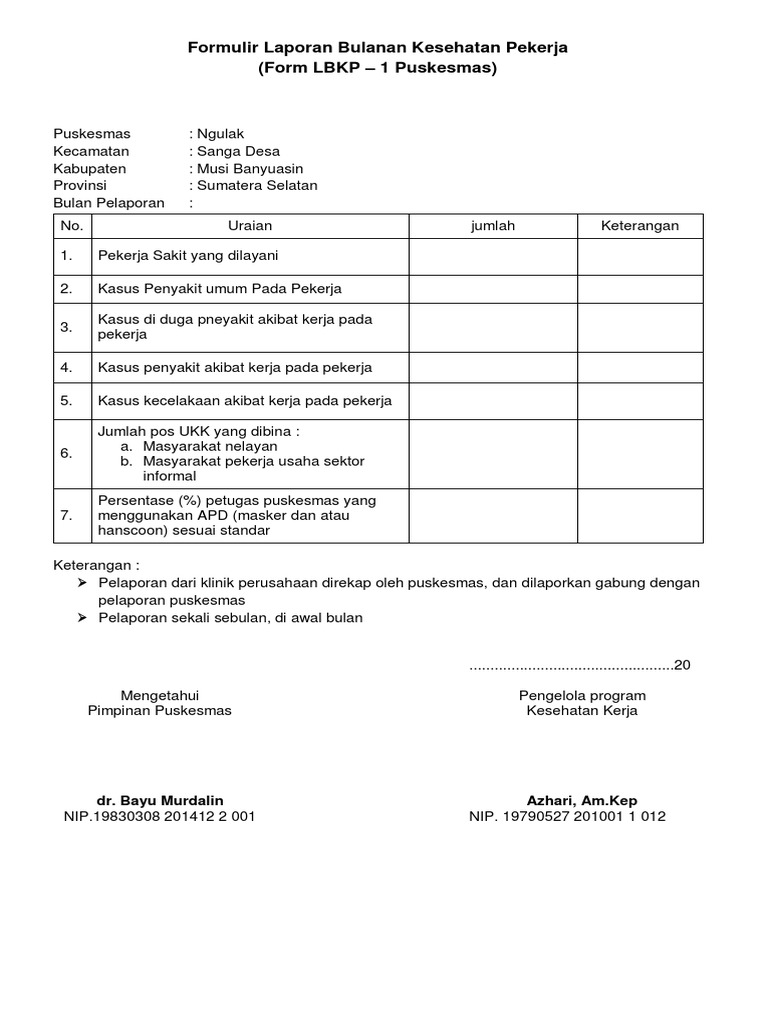 Formulir Laporan Bulanan Kesehatan Pekerja | PDF