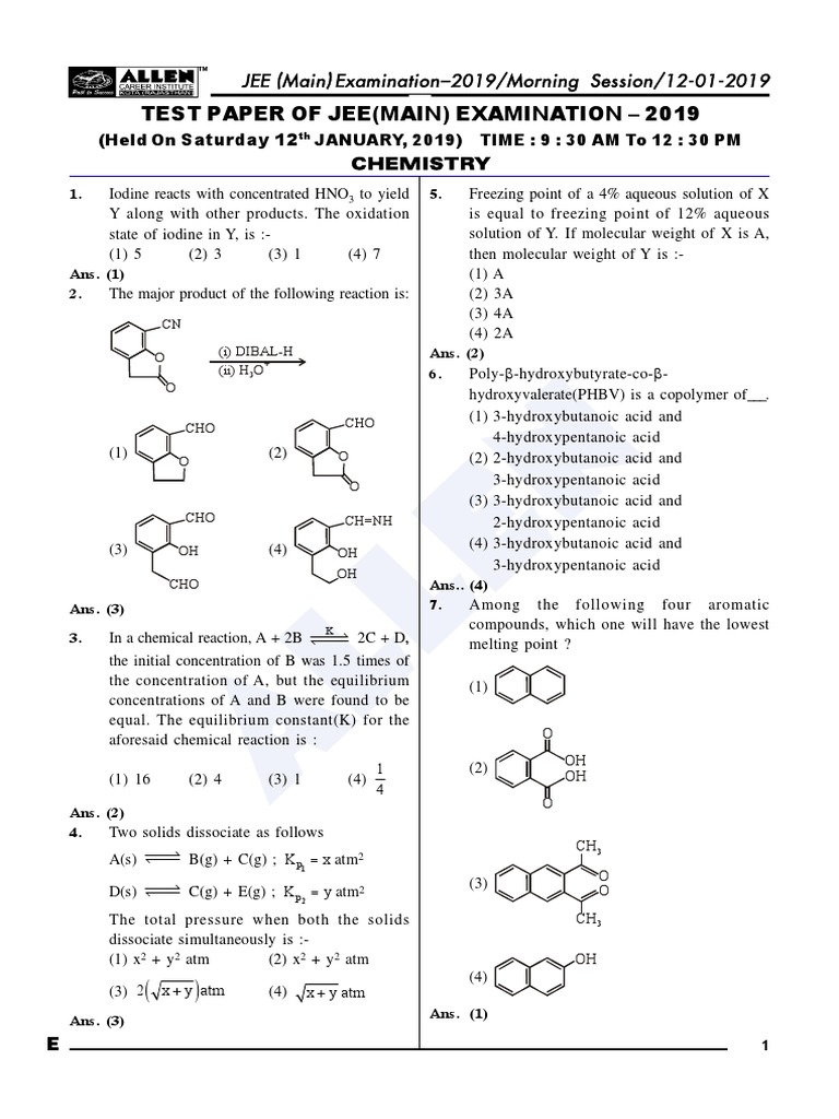 Allen: Test Paper of Jee (Main) Examination - 2019 | Download Free PDF ...