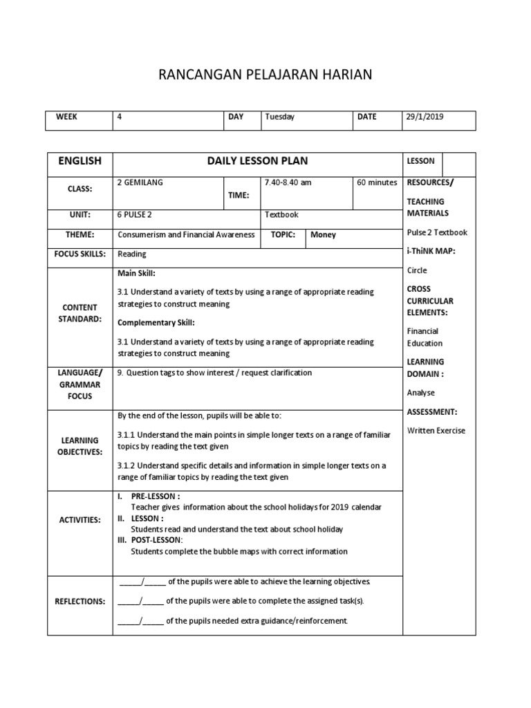 Rancangan Pelajaran Harian: English Daily Lesson Plan | PDF | Lesson ...