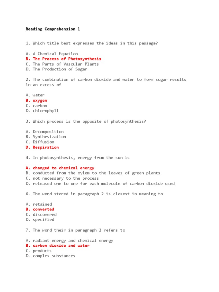 Reading Comprehension Answer Questions | PDF | Photosynthesis | Sun