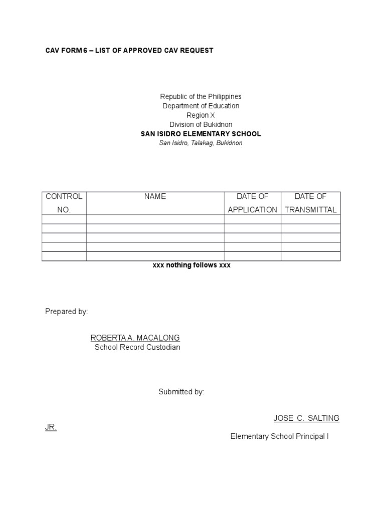 Cav Form 6 - List of Approved Cav Request: Control NO. Name Date of ...