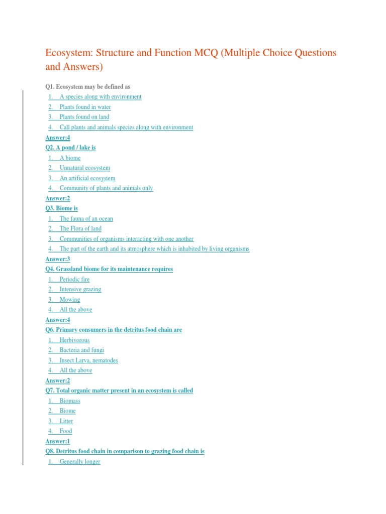 Ecosystem: Structure and Function MCQ (Multiple Choice Questions and ...