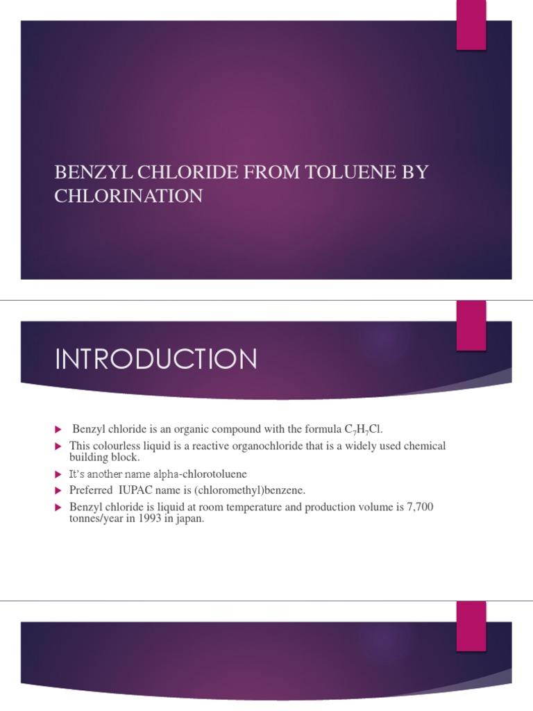 Benzyl Chloride From Toluene by Chlorination | PDF | Chlorine | Sodium ...