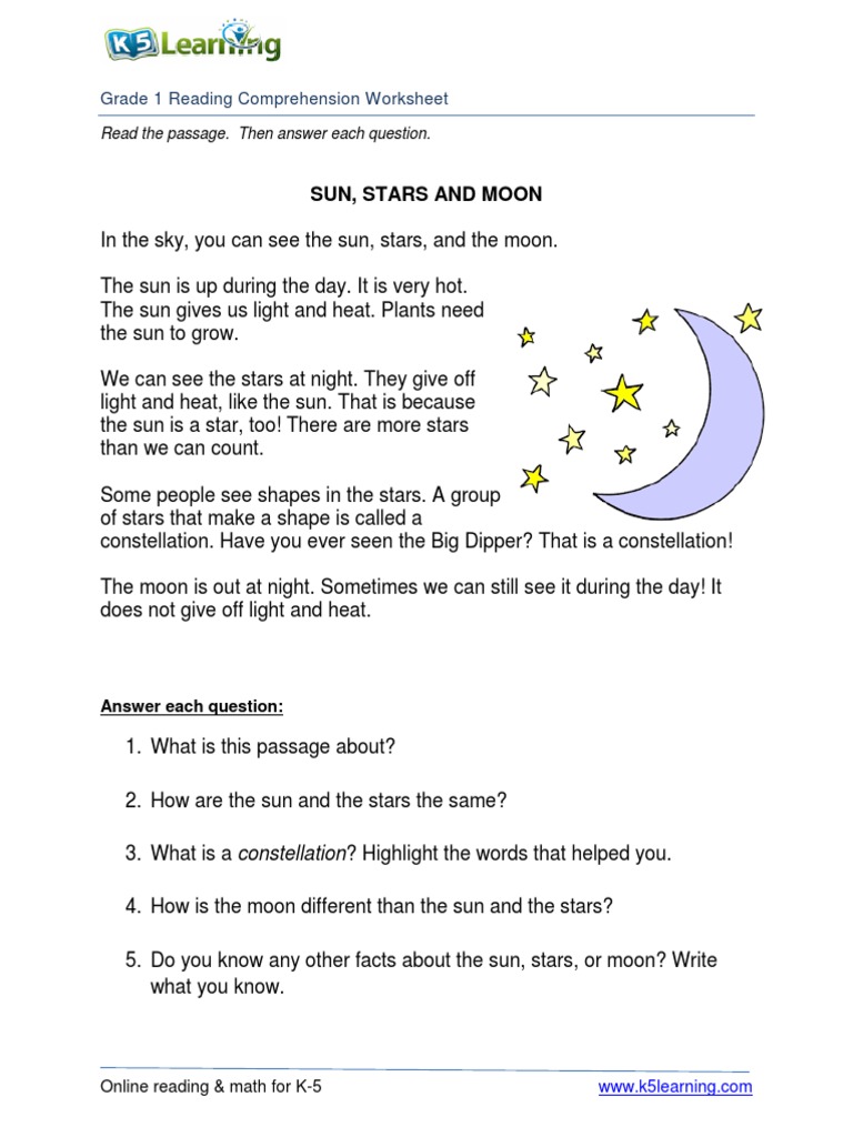 Sun, Moon, and Stars for Grade 1 | PDF