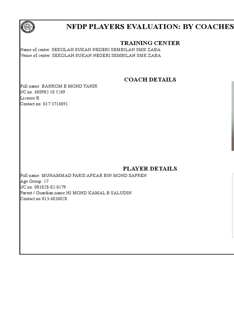 NFDP Players Evaluation: by Coaches: Training Center | PDF | Ball Games ...
