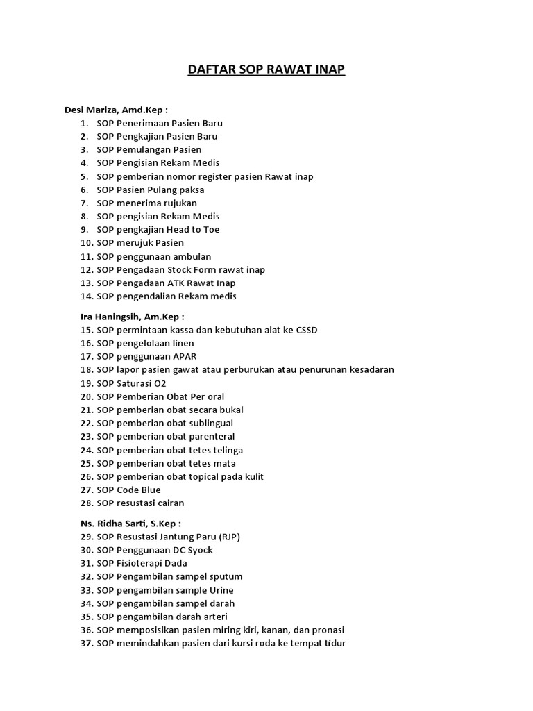 Daftar Sop Ranap | PDF