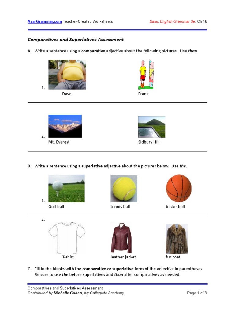 Comparatives and Superlatives Assessment: Teacher-Created Worksheets CH ...