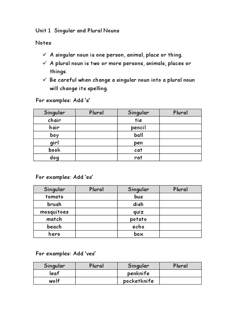 Unit 1 Singular and Plural Nouns | PDF | Plural | Syntactic Relationships