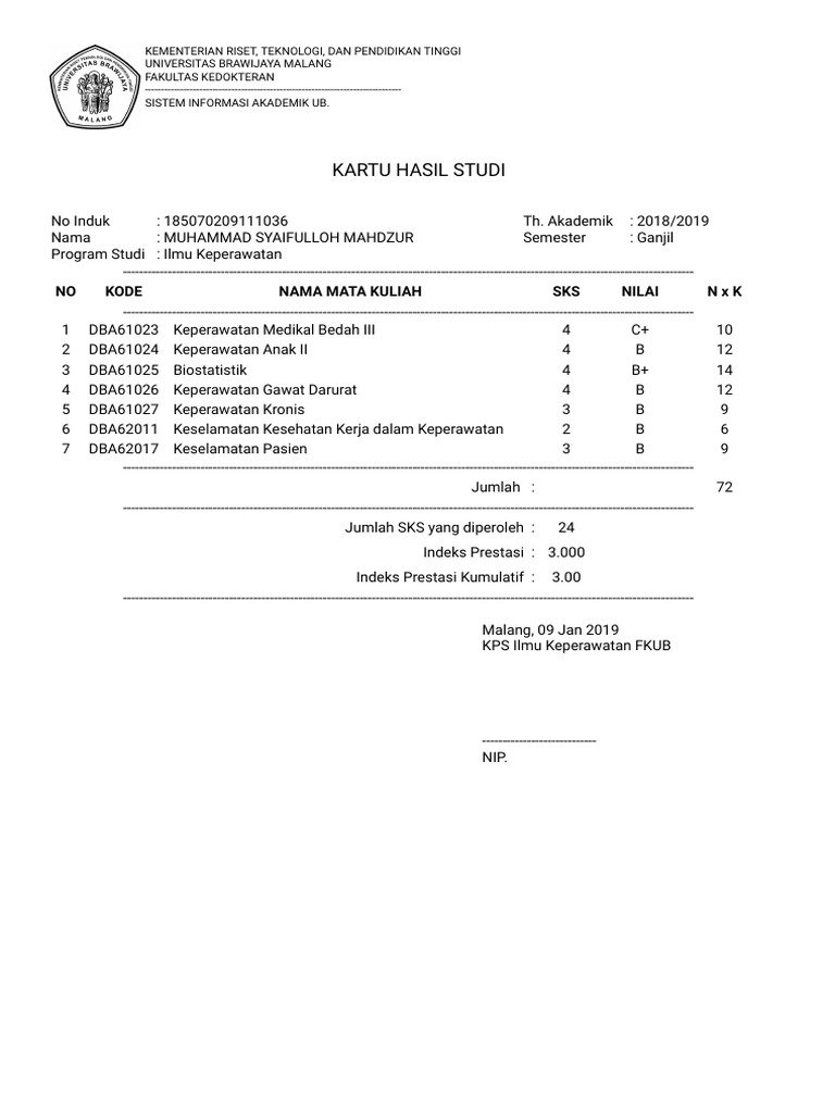 Kartu Hasil Studi: No Kode Nama Mata Kuliah Sks Nilai NXK | PDF