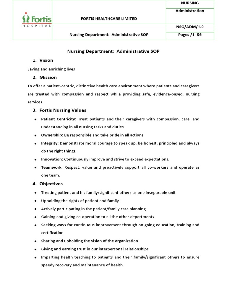 Nursing Administrative SOP Overview | PDF | Intensive Care Unit ...