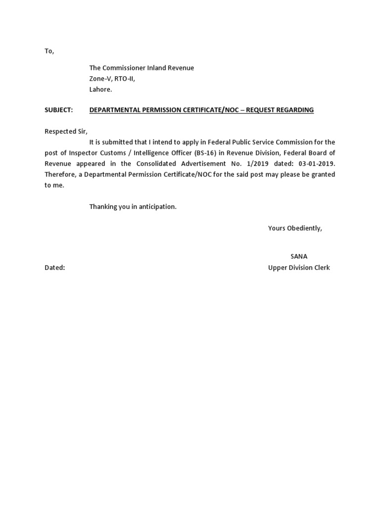 Subject: Departmental Permission Certificate/Noc - Request Regarding ...
