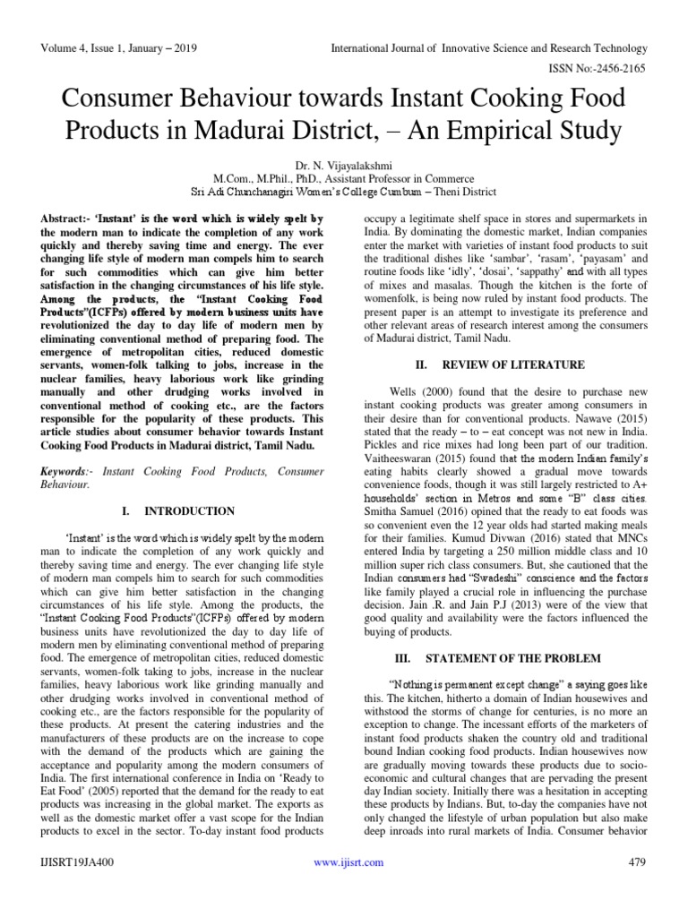 Consumer Behaviour Towards Instant Cooking Food Products in Madurai ...