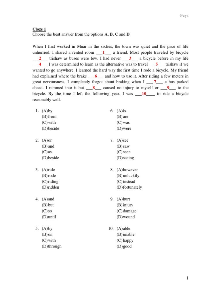 Choose The Best Answer From The Options A, B, C and D.: Cloze 1 | PDF ...