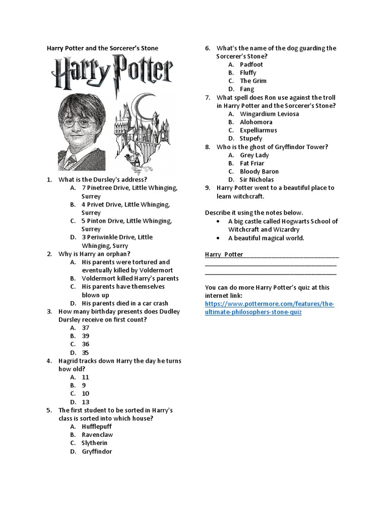 Harry Potter and The Sorcerer's Stone Quiz Worksheet | PDF | Fantasy ...