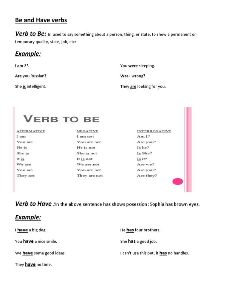 Verb To Be: Example:: Be and Have Verbs | PDF