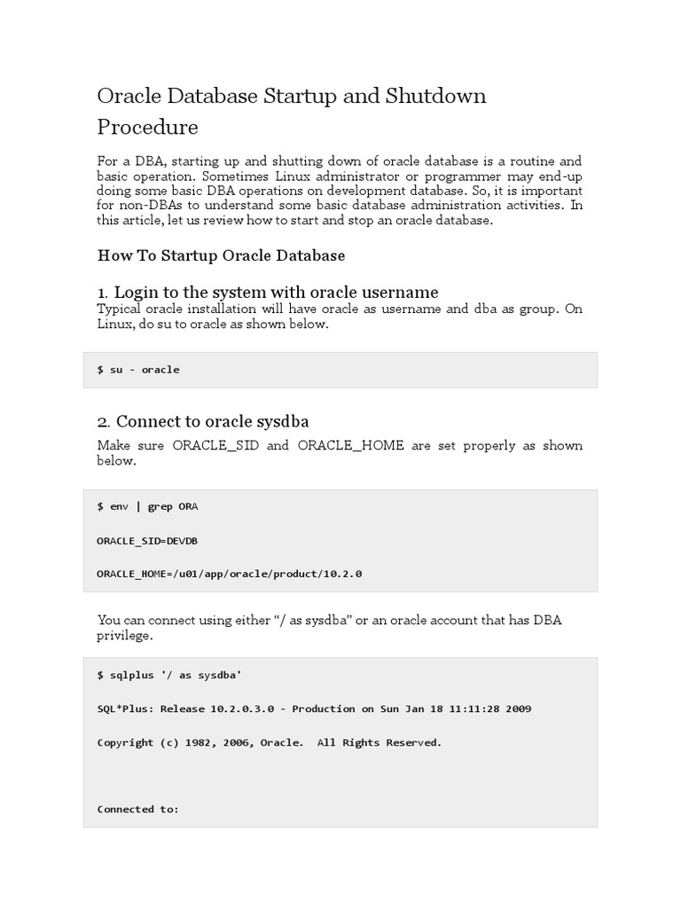 Oracle Database Startup And Shutdown Procedure Pdf Oracle Database Databases
