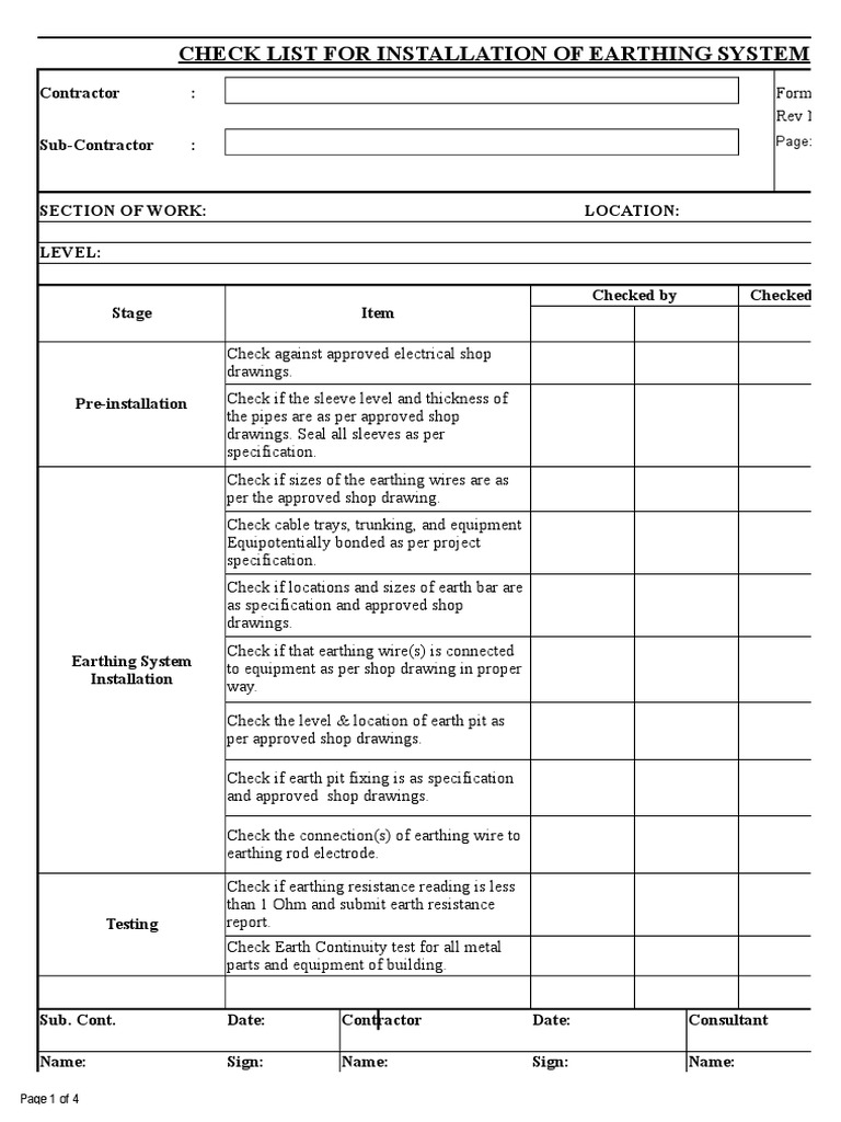Inspection Checklist For Installation of Earthing System 1 | PDF ...