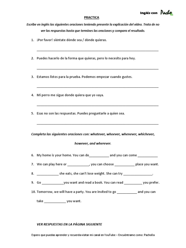 Practica de Whatever - Whoever - Whenever - Whichever - However ...