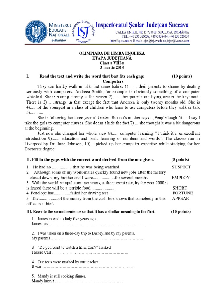 CLASA 8 - Subiecte Si Barem | PDF | Vocabulary | Narrative