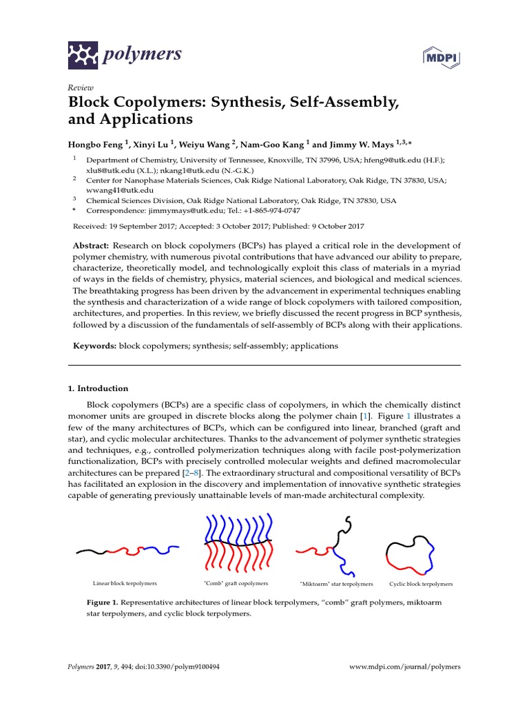 Polymers: Block Copolymers: Synthesis, Self-Assembly, and Applications | PDF | Copolymer ...
