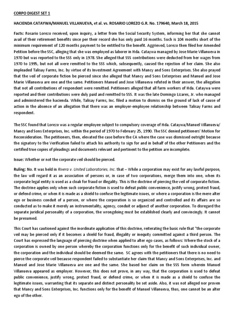 Corpo Digest Set 1 | PDF | Piercing The Corporate Veil | Private Law