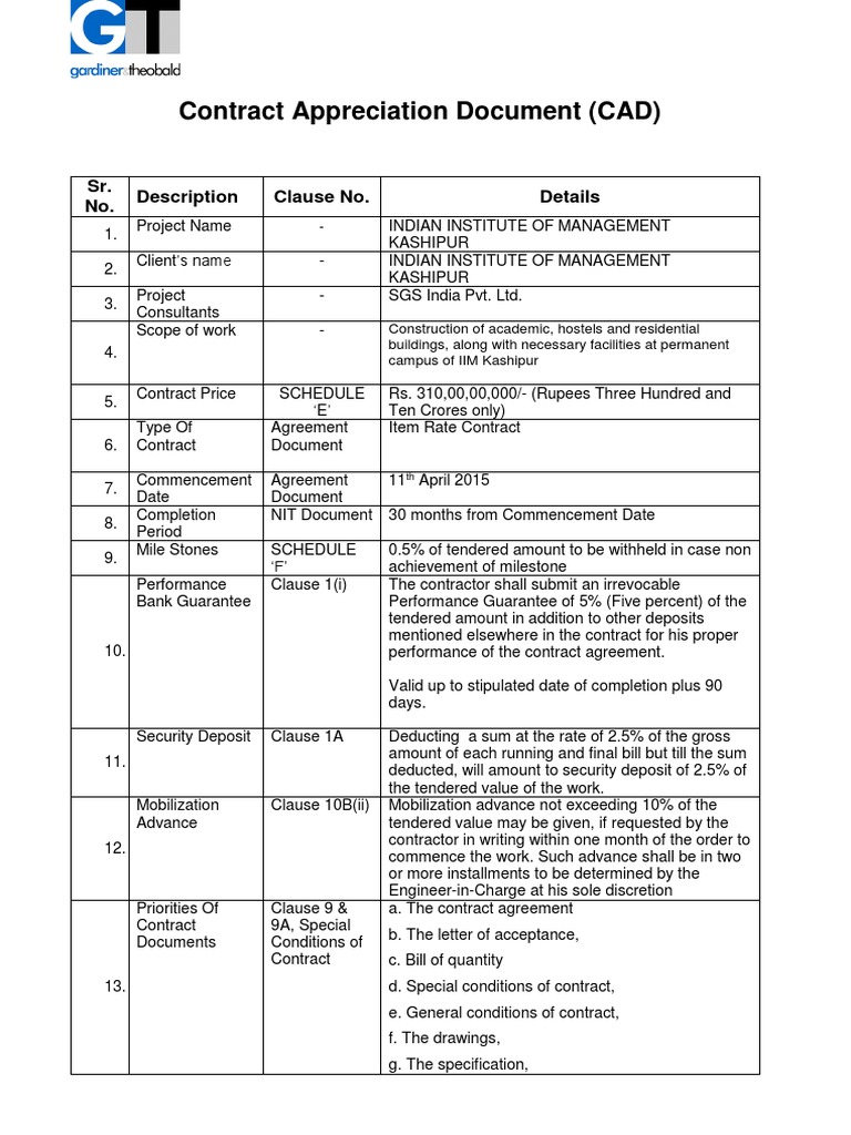 Contract Appreciation Document (CAD) : Sr. No. Description Clause No ...