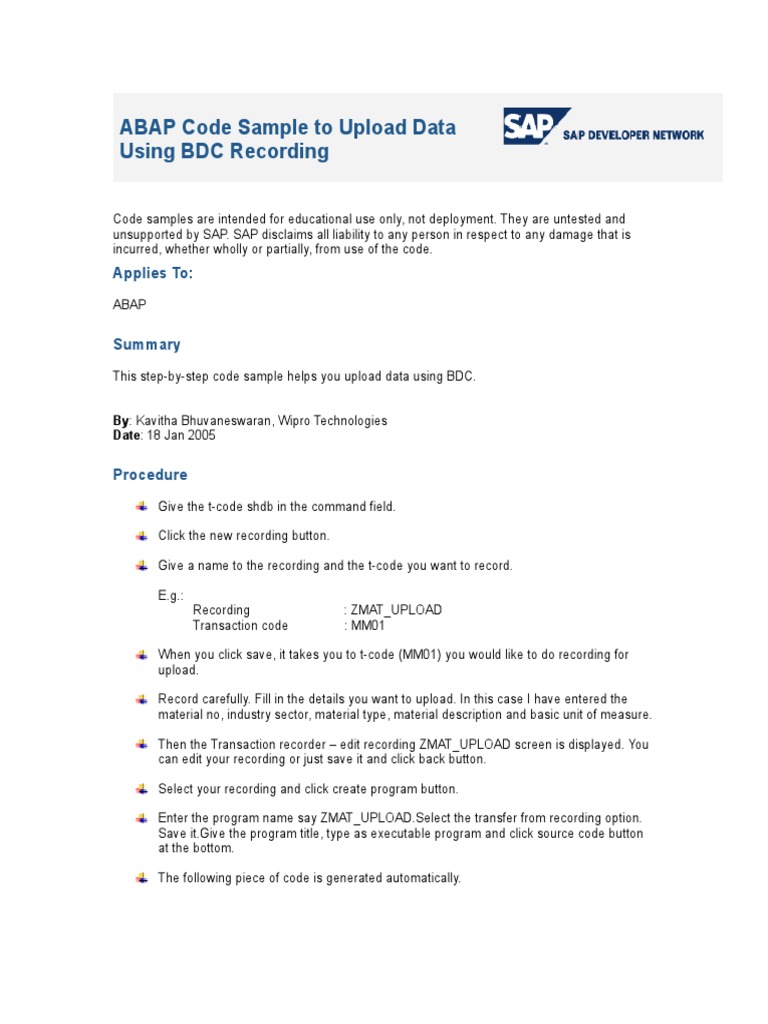 ABAP Code Sample To Upload Data Using BDC Recording | PDF | Intellectual Works | Areas Of ...