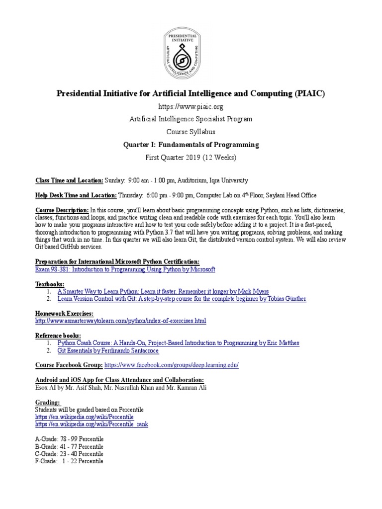Piaic Python Course Syllabus Pdf Artificial Intelligence Intelligence Ai And Semantics 