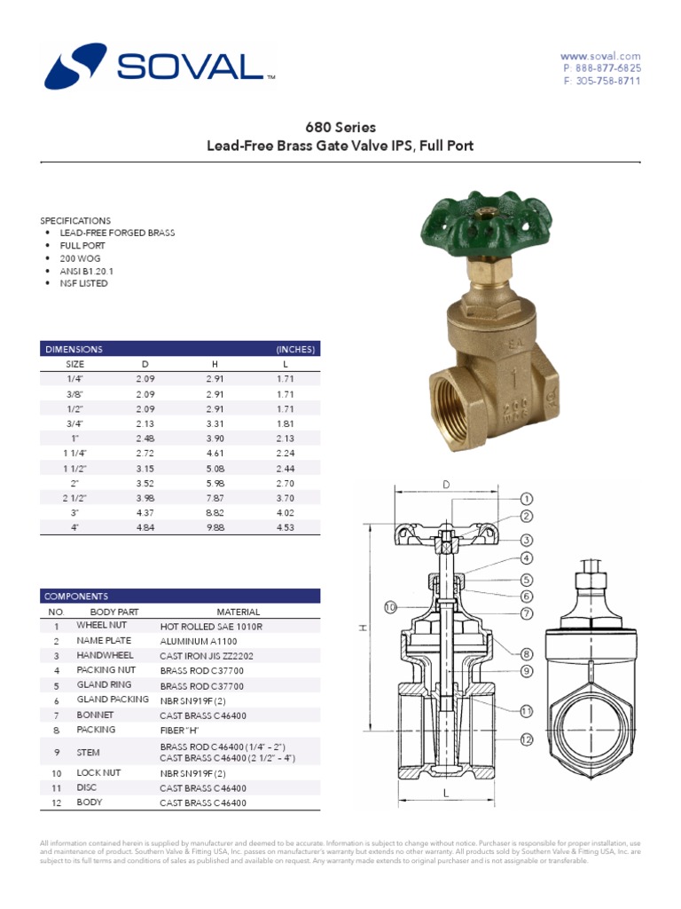 680 Series Lead-Free Brass Gate Valve IPS, Full Port | PDF | Valve ...