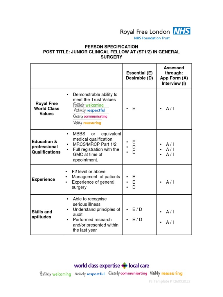 Junior Clinical Fellow Person Specification | PDF | Health Sciences ...
