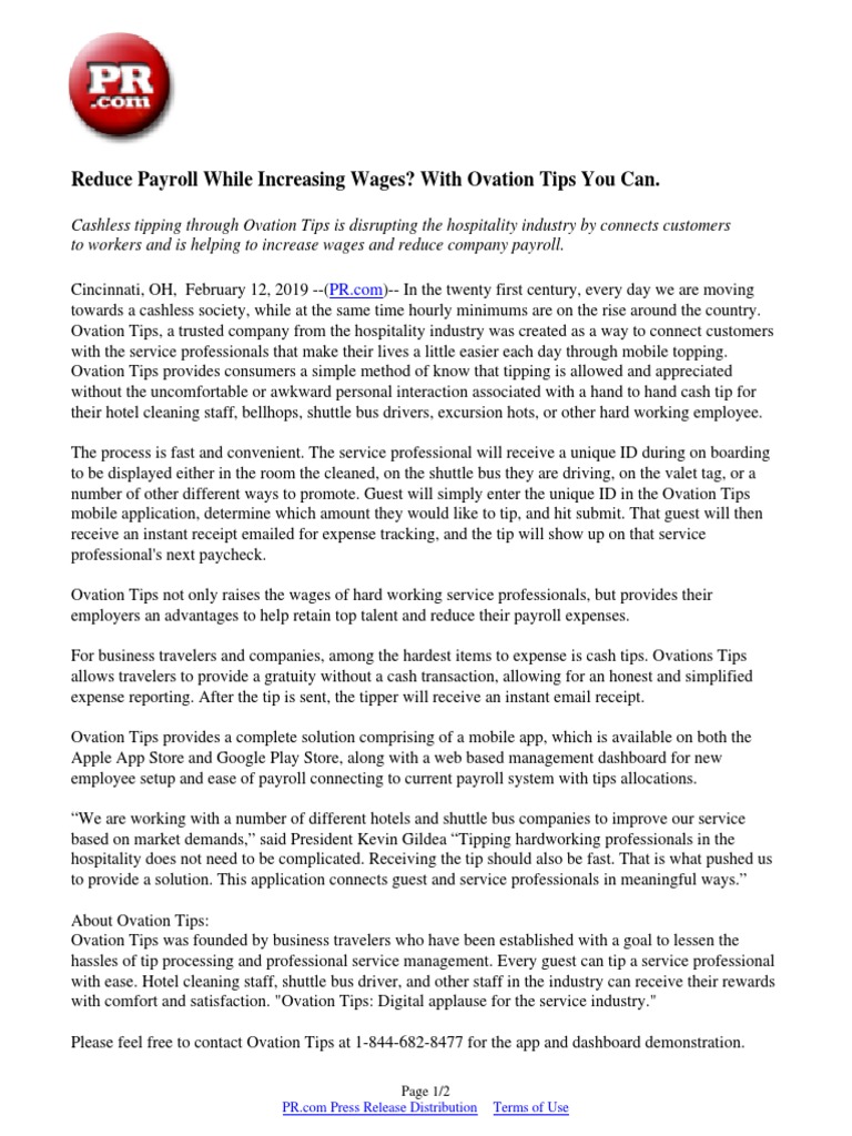 Reduce Payroll While Increasing Wages? With Ovation Tips You Can. | PDF | Gratuity | Payroll