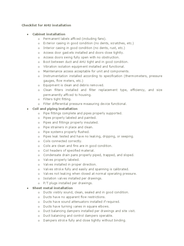 AHU Installation Checklist Guide | PDF | Duct (Flow) | Pipe (Fluid ...