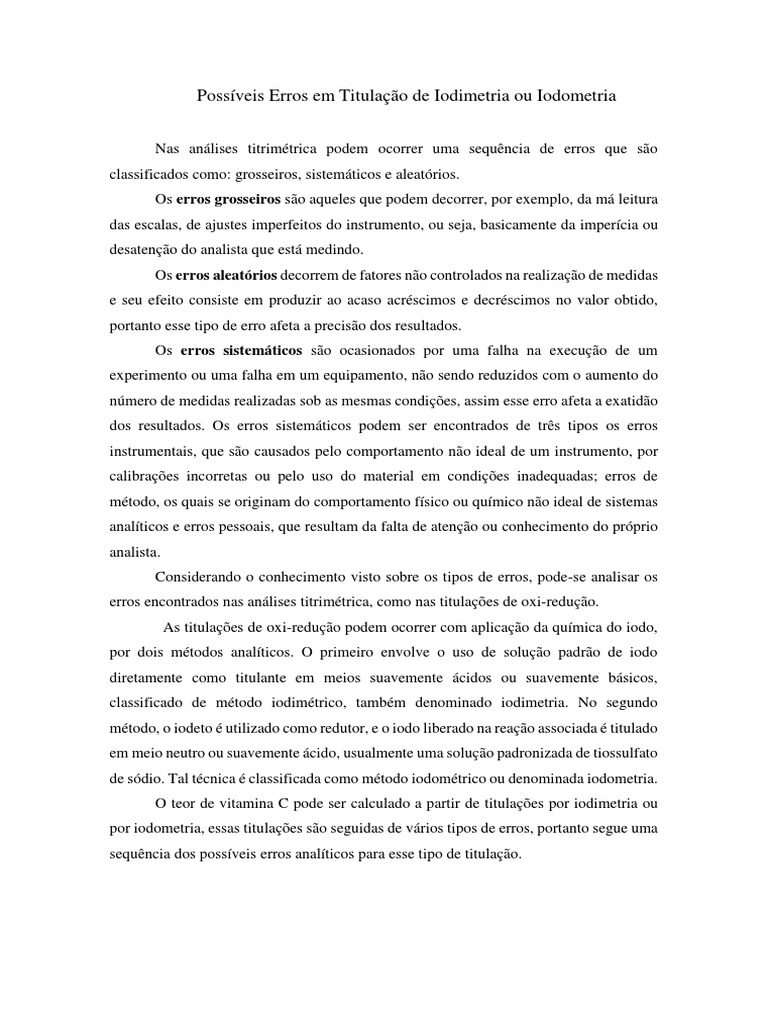 Possíveis Erros em Titulação de Iodimetria Ou Iodometria | PDF ...
